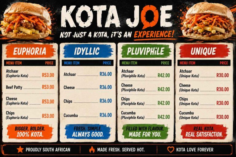 Kota Joe Menu Prices South Africa - Updated 2026